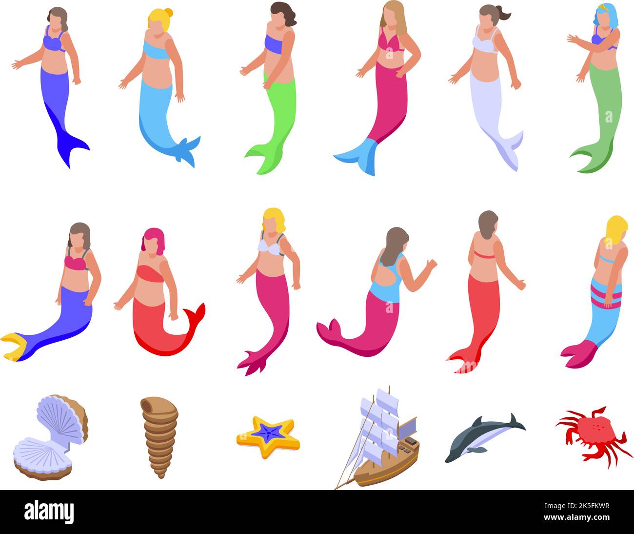 Mermaid icons set isometric vector. Girl cute. Fairy fish Stock Vector ...