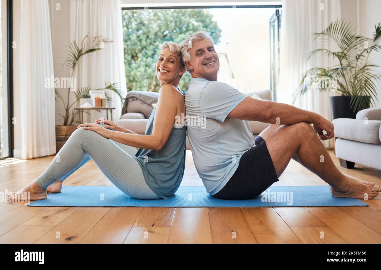 Health, senior couple and doing yoga, meditation and smile for wellness ...