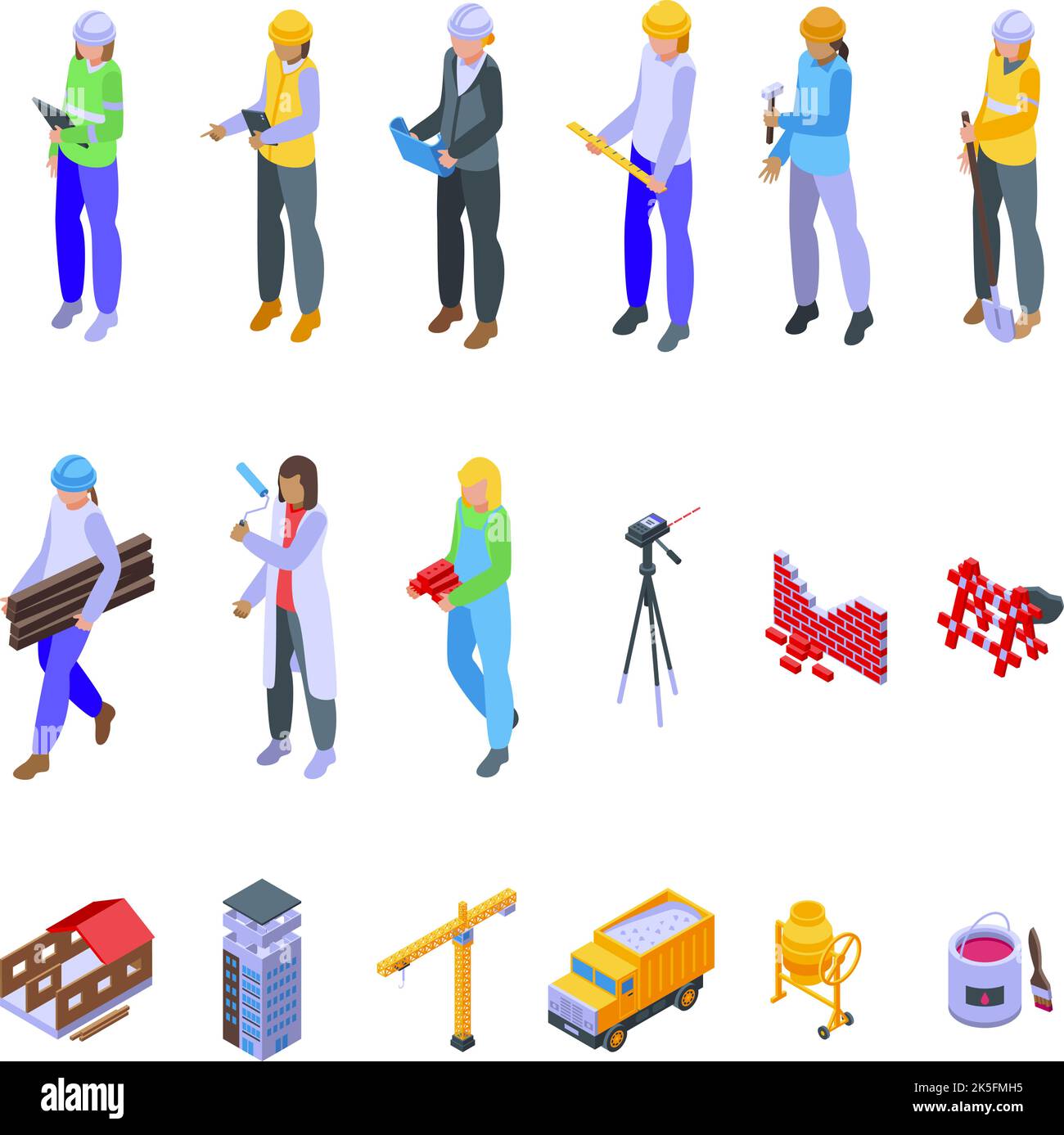 Female construction engineer icons set isometric vector. Architect ...