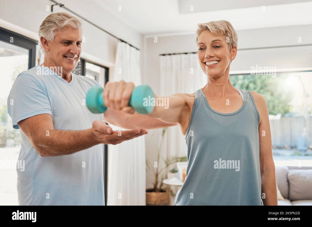 Home workout, senior couple and dumbbell training exercise for fitness ...