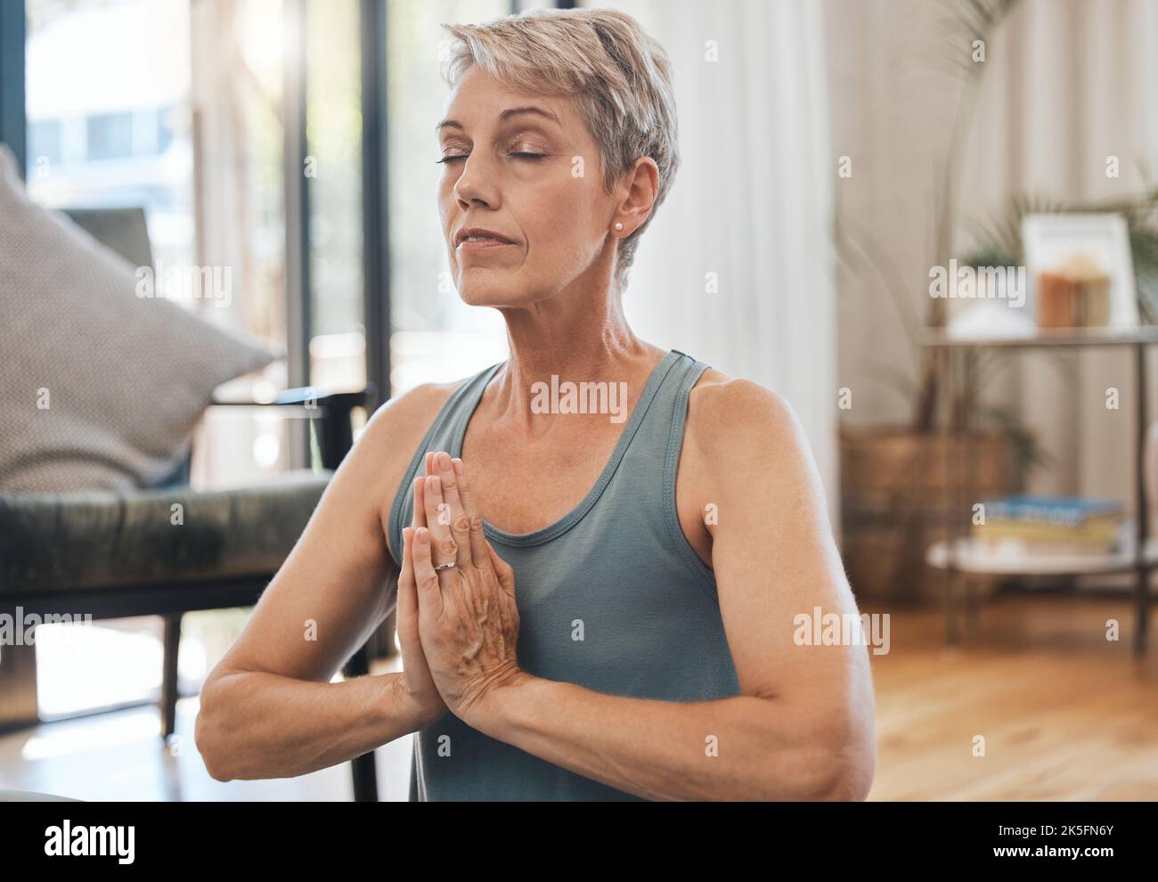 Senior woman, yoga and meditation at home for exercise, wellness and ...