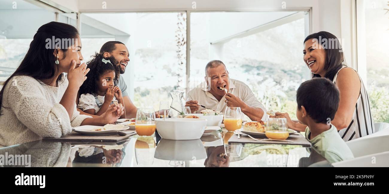 Love, food and happy family breakfast, brunch or lunch for group of ...