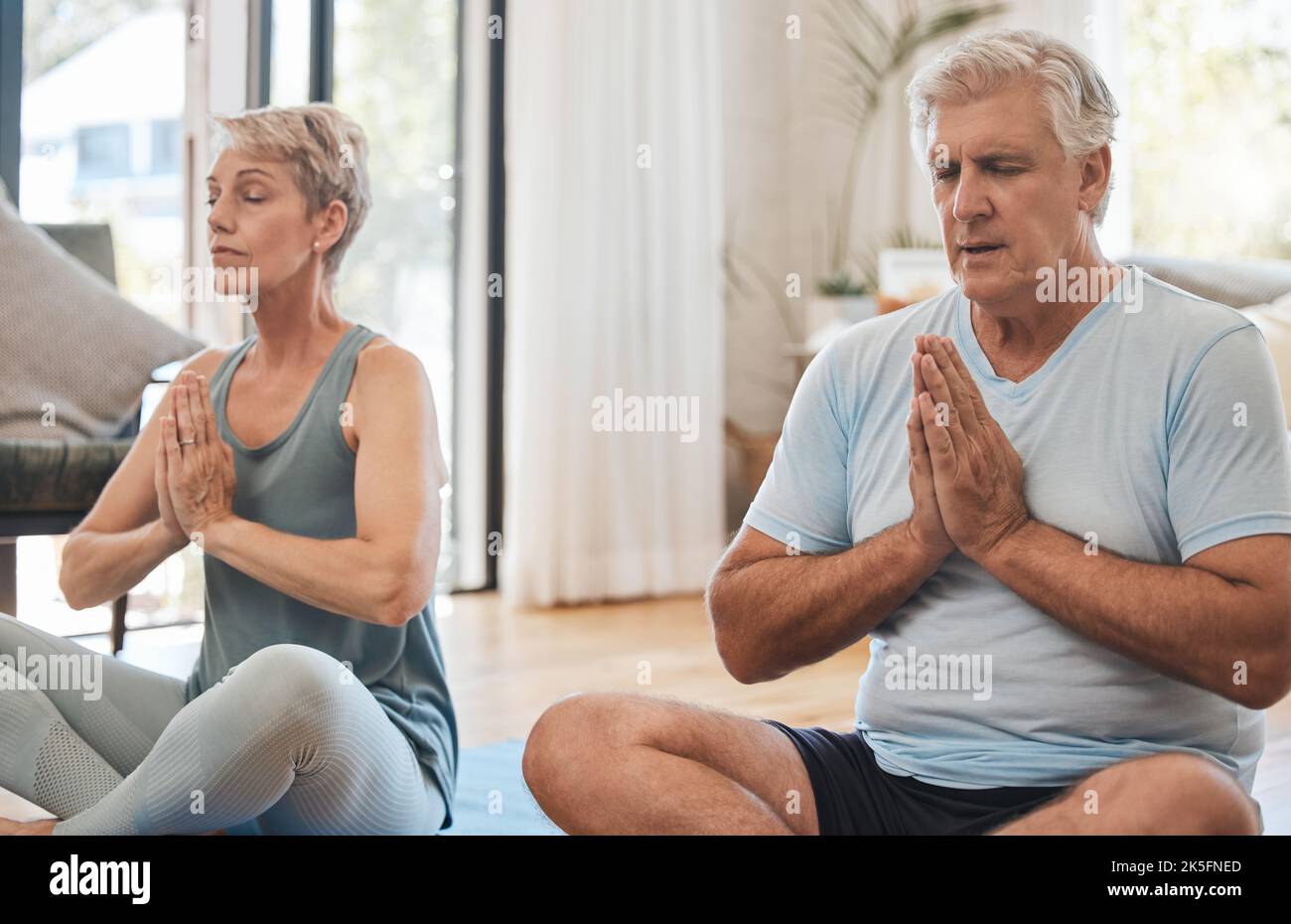 Meditation, pilates and senior yoga couple work on stress relief ...