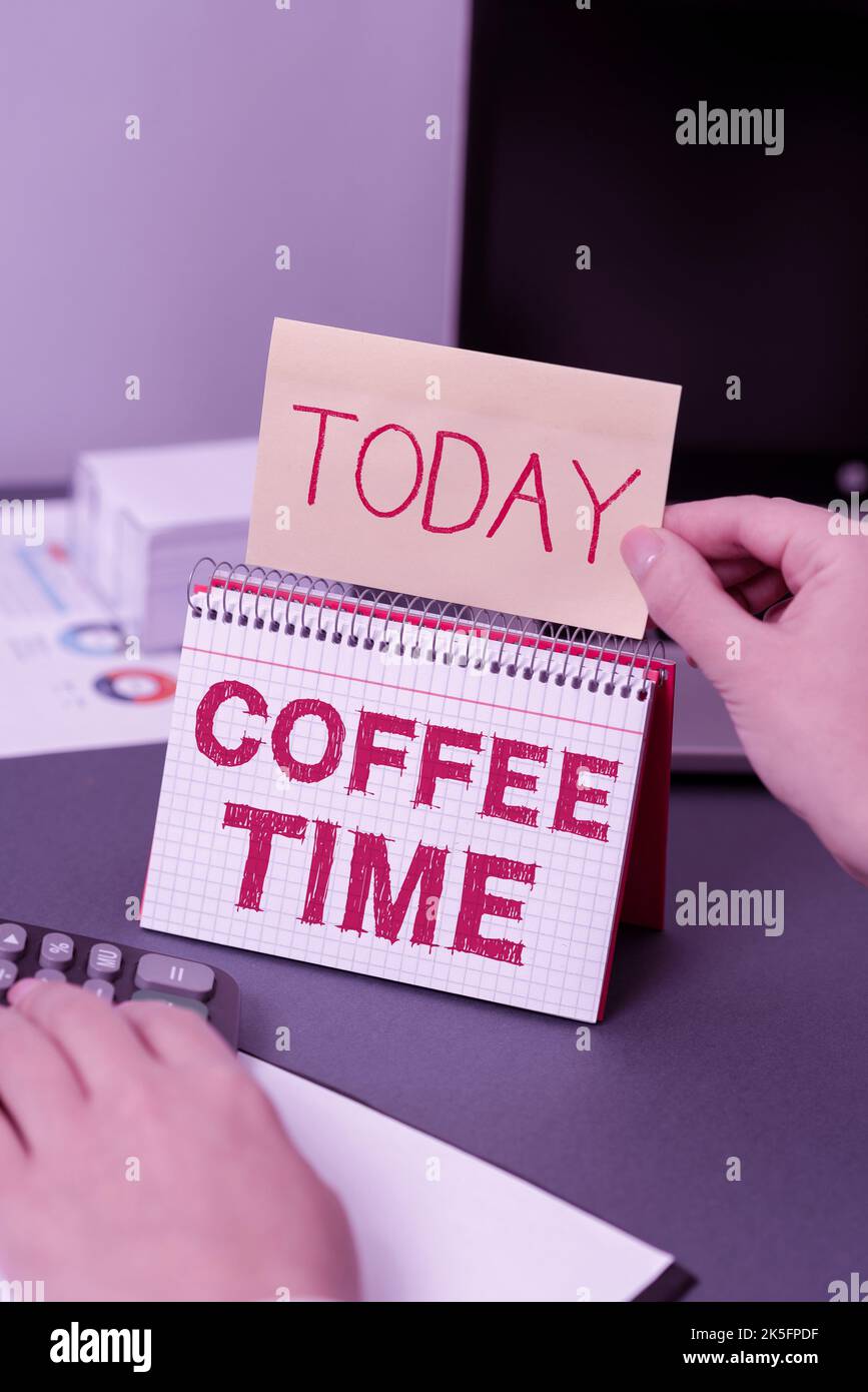 Writing displaying text Coffee Time. Business concept a chosen period ...