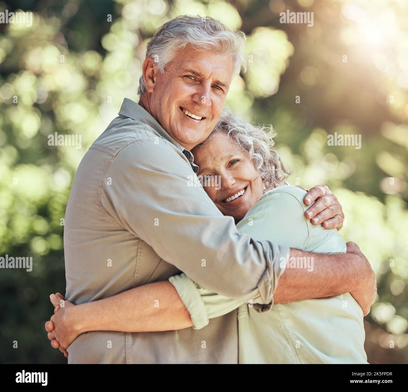 Hug, nature park and senior couple on love date and travel holiday in ...