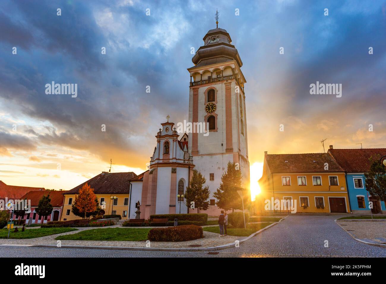 Evening above historic center of Bechyne. Old church. Czechia Stock ...