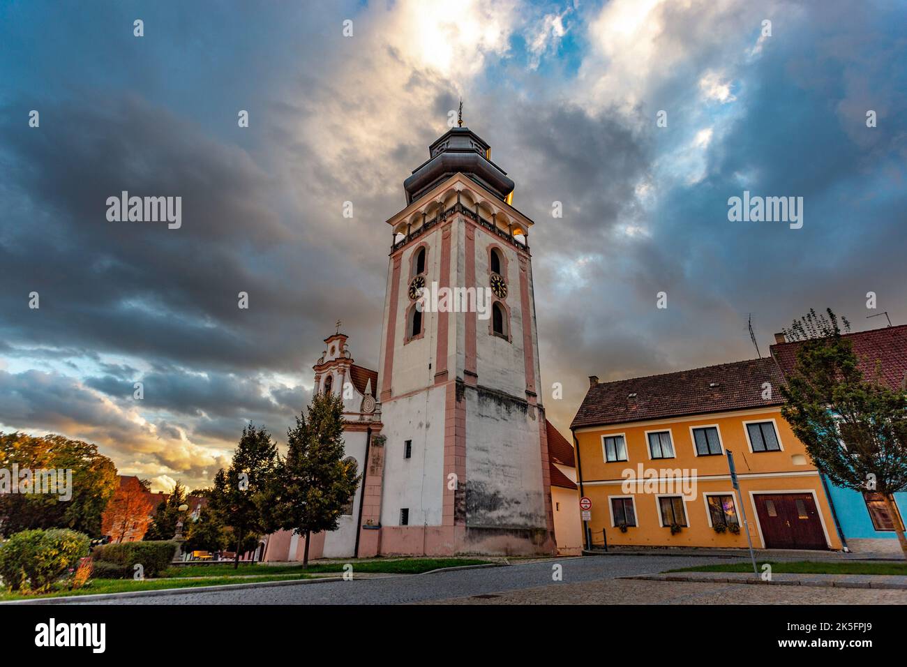 Evening above historic center of Bechyne. Old church. Czechia Stock ...