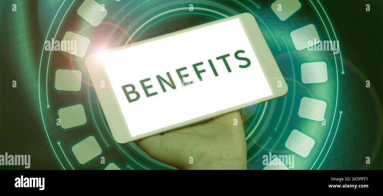 Text caption presenting Benefits. Business overview something that ...