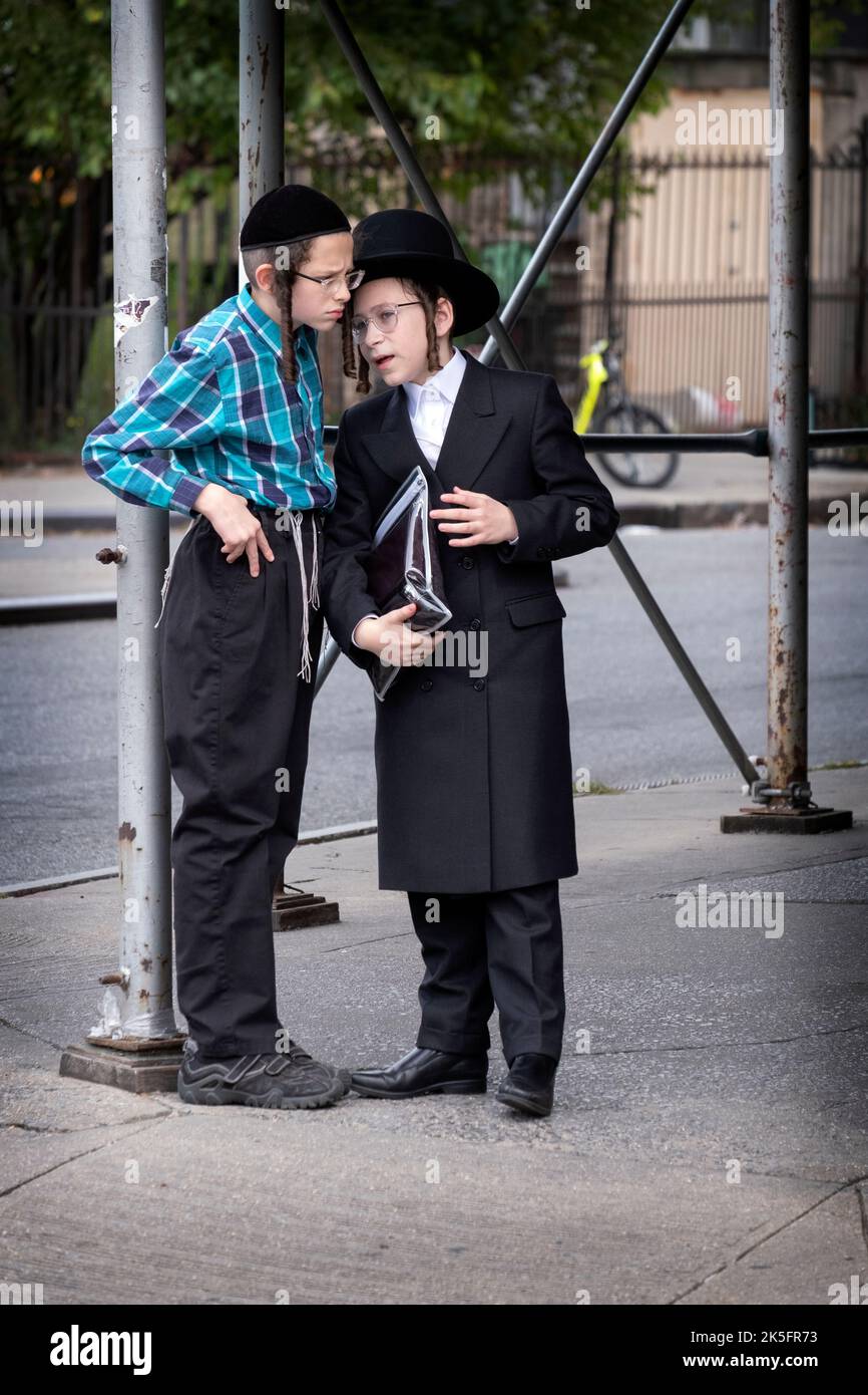 2 teenage Jewish boys engage in a spirited conversation on Lee avenue ...