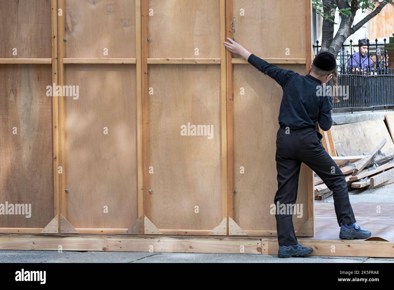 In preparation for the Sukkos holiday, an orthodox Jewish boy helps his ...