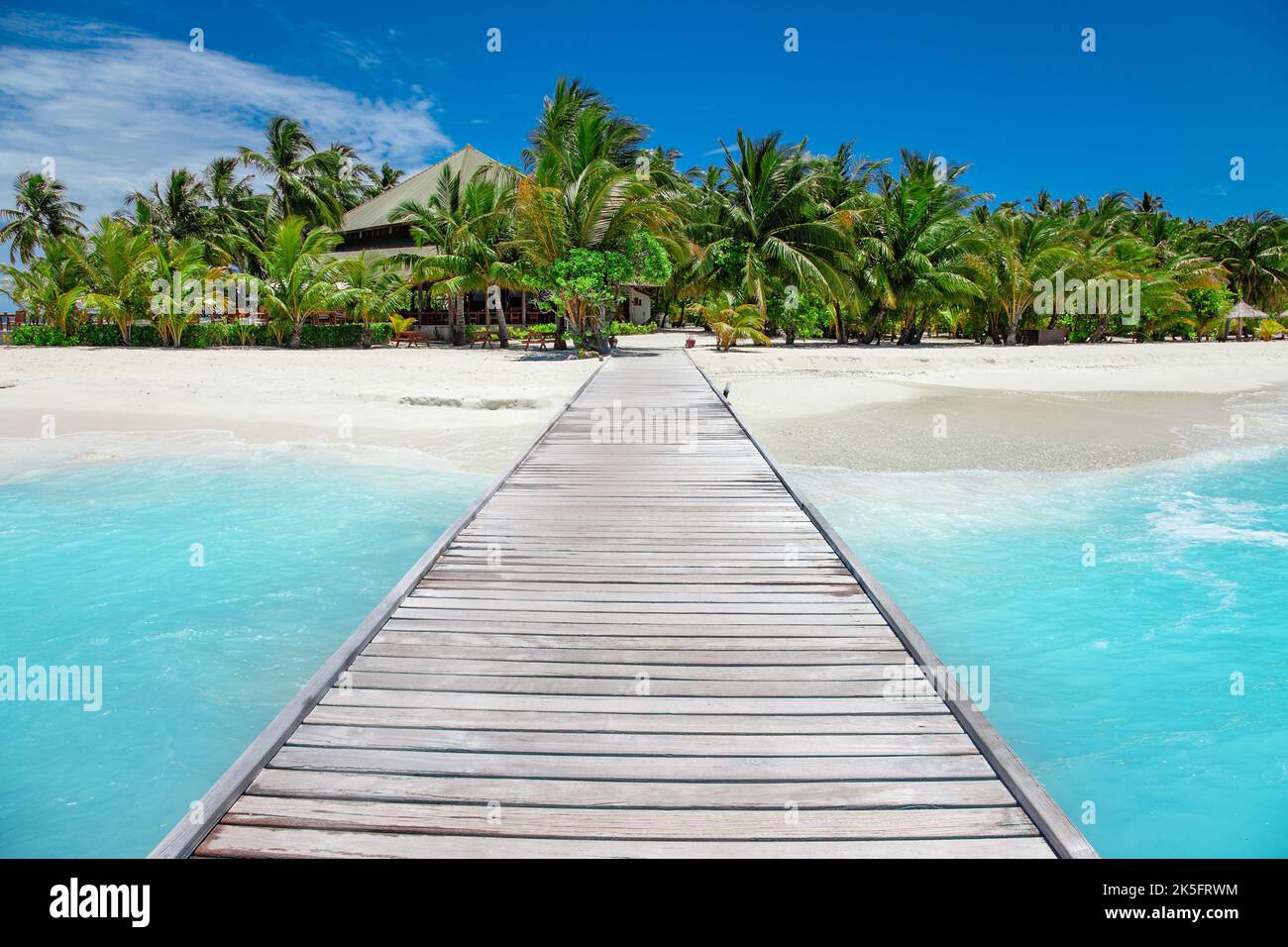 Idyllic landscape with wood path among blue water Stock Photo - Alamy
