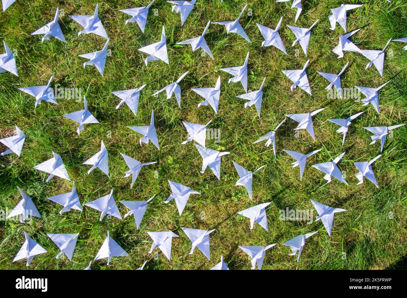 Japanese folded Origami cranes on fresh grass. Hundreds handmade paper ...