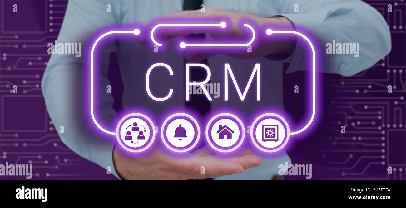 Hand writing sign Crm. Business concept manages all your company ...