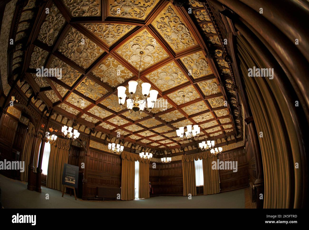 Ornate decorative plaster work ceiling in the Ballroom at Bletchley ...