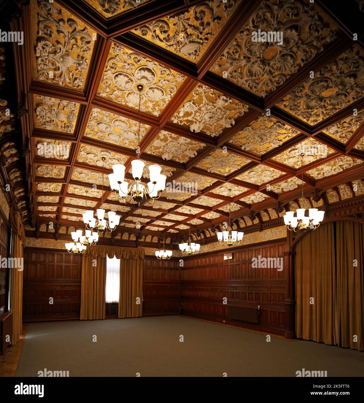 Ornate decorative plaster work ceiling in the Ballroom at Bletchley ...