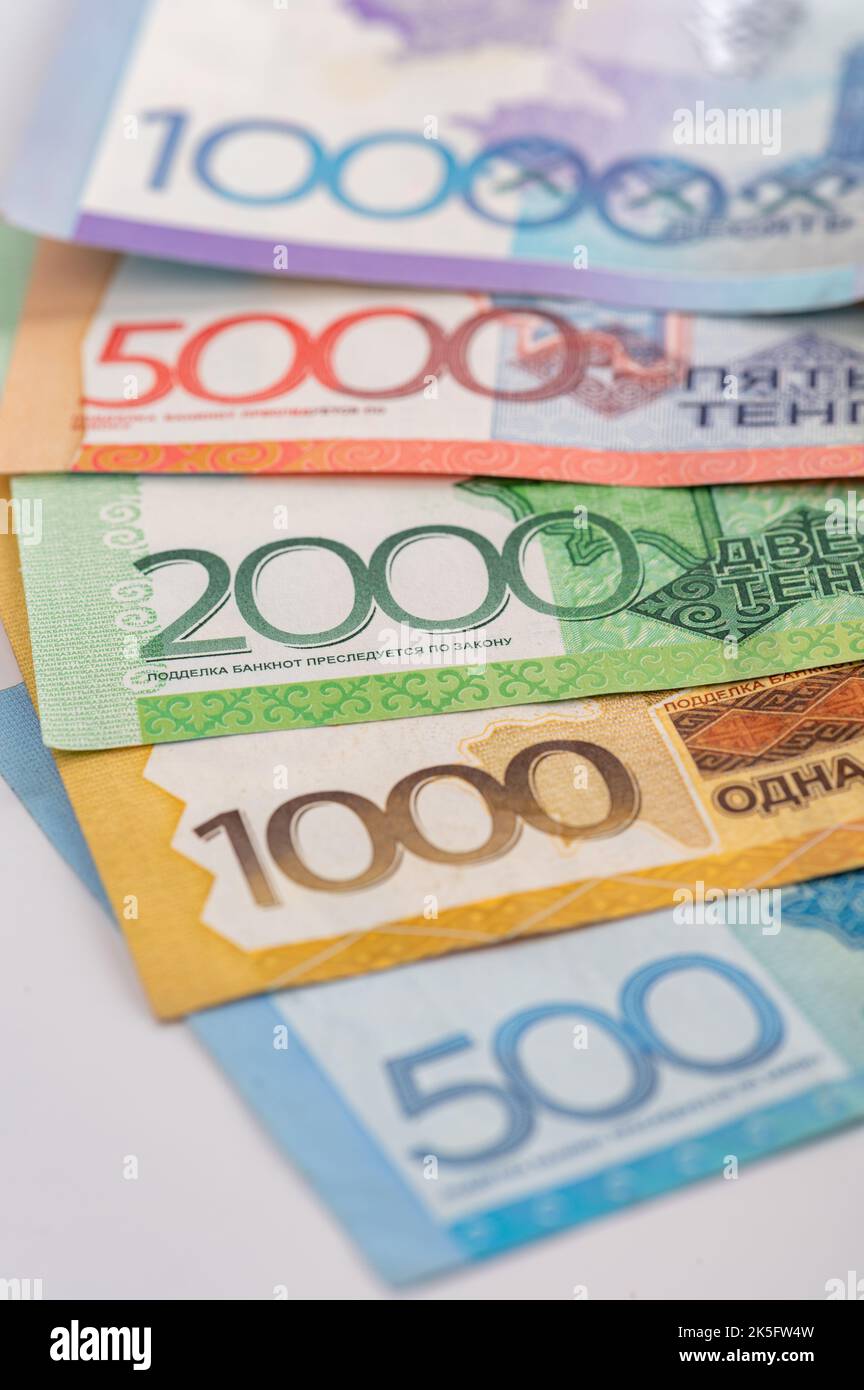 Kazakhstan money - tenge. 500, 1000, 2000, 5000, 10000 banknotes. Close ...