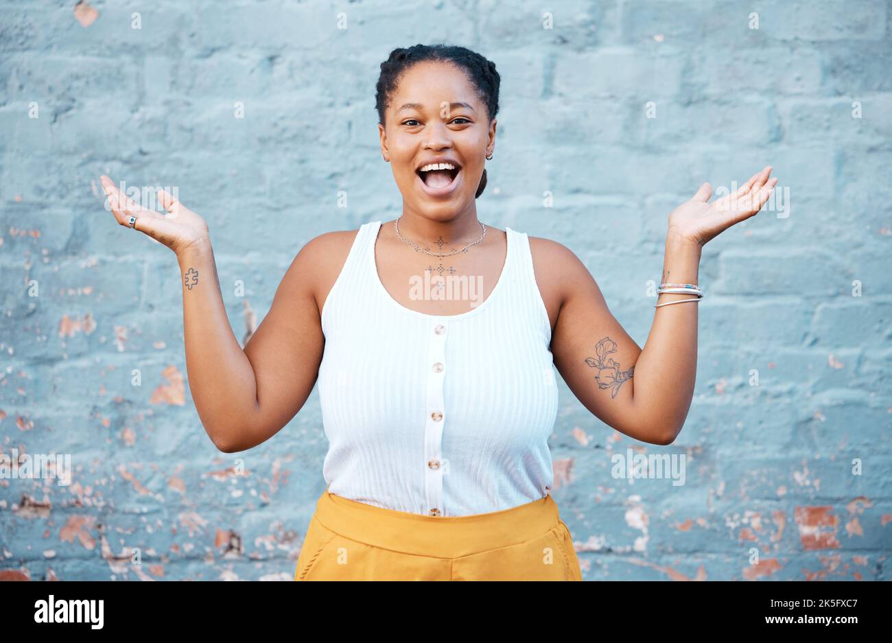 Happy black woman, wow surprise and excited hands gesture with shocked ...