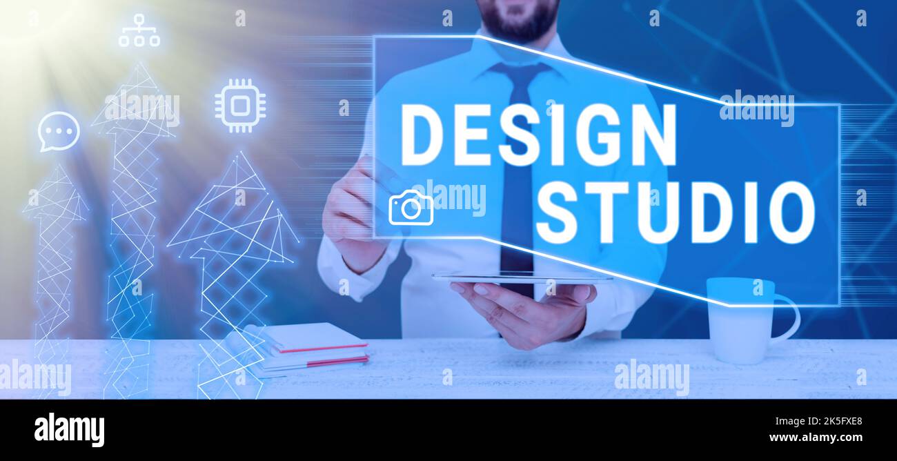 Sign displaying Design Studio. Business showcase work environment ...