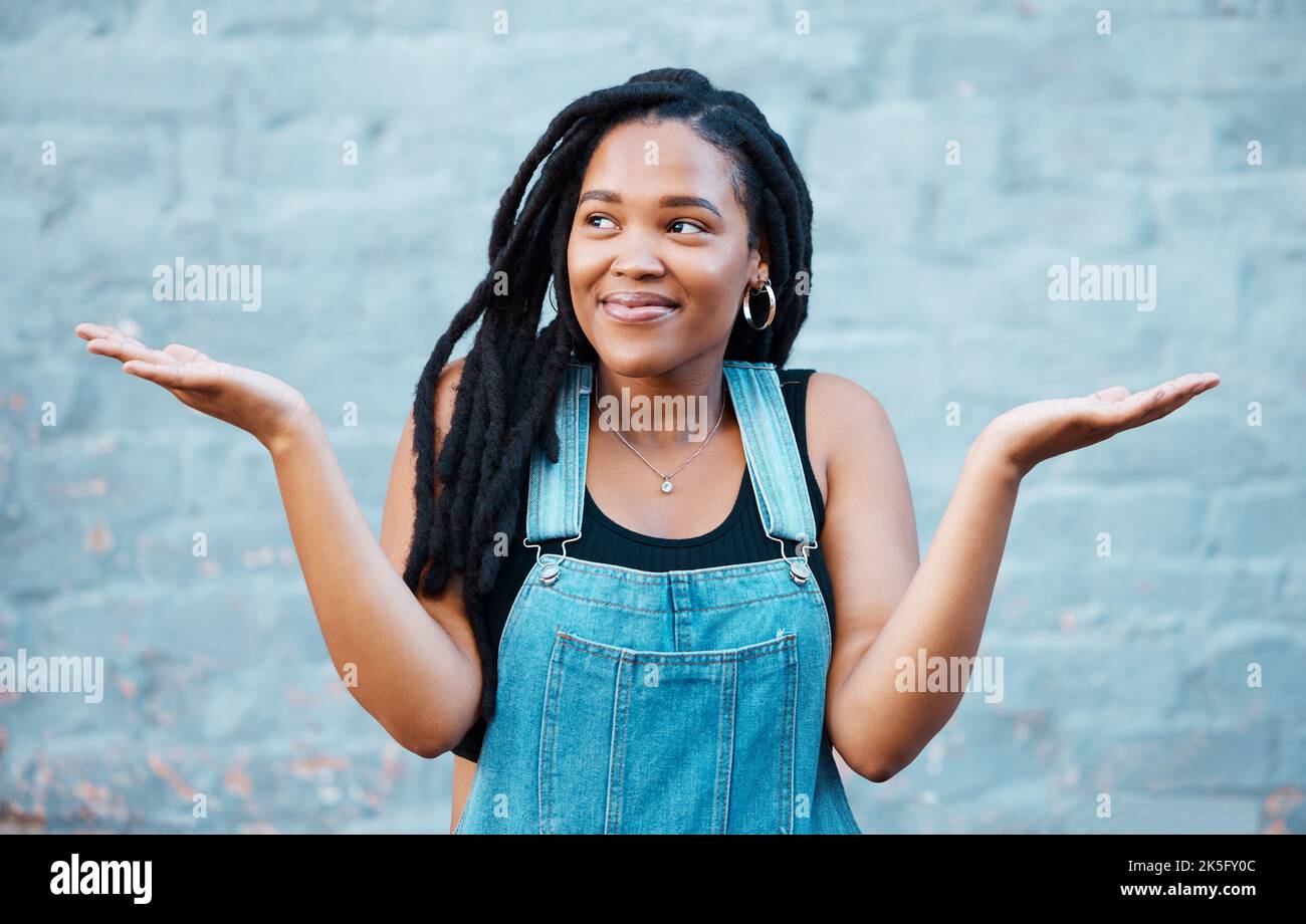 Model, smile and hands for gesture of confusion pose in street against ...