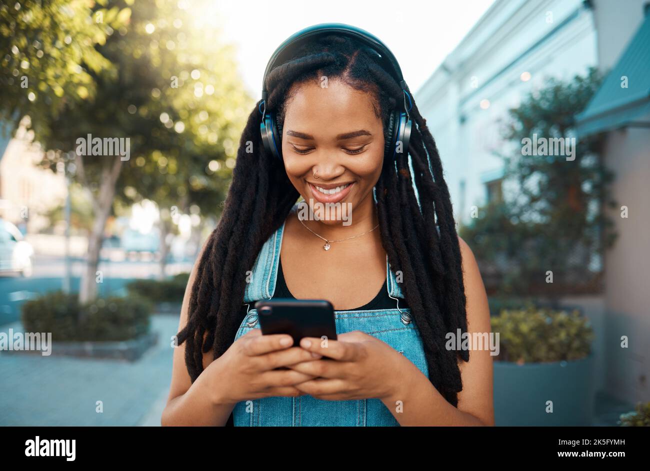 Black Woman Music Headphones And Phone With Smile For 5g Communication