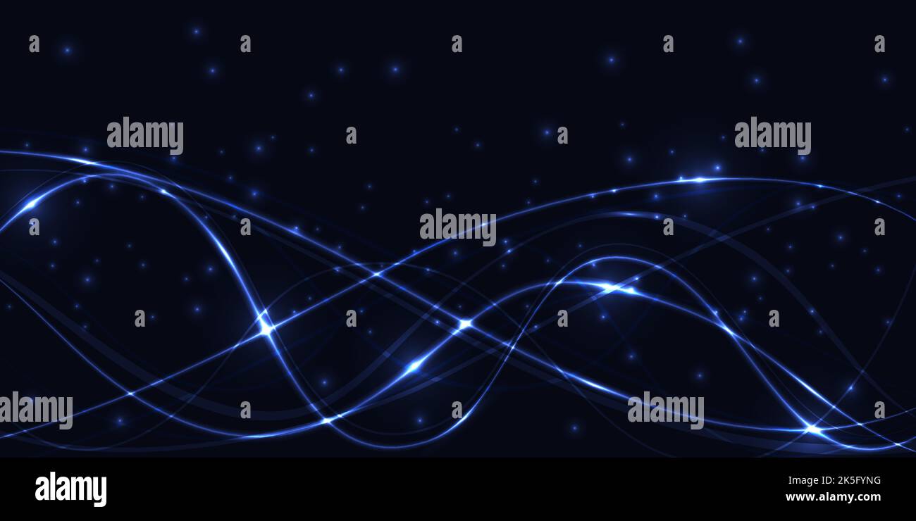 Dark abstract background with blue translucent luminous lines and ...