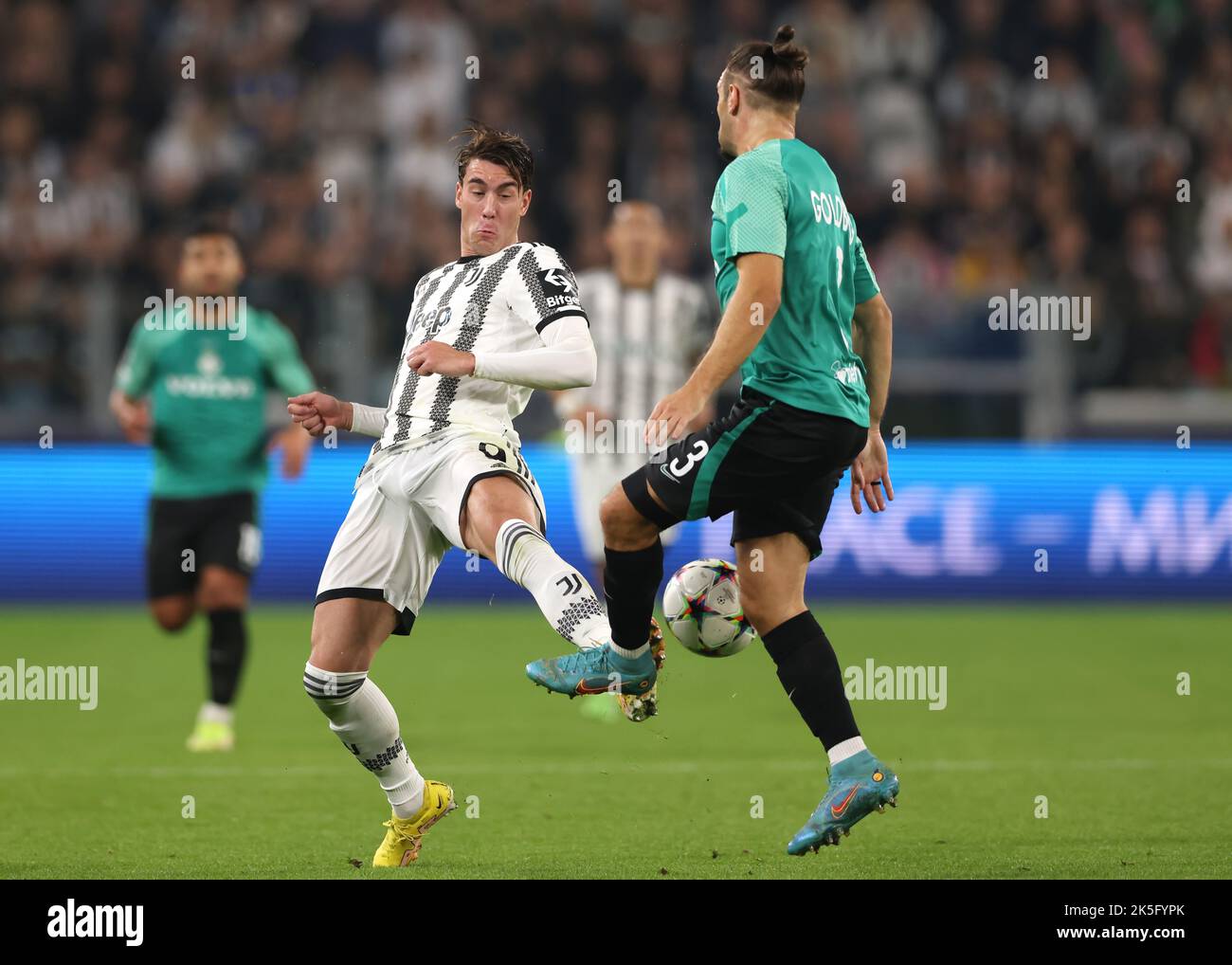 Turin, Italy, 5th October 2022. Dusan Vlahovic of Juventus challenges ...