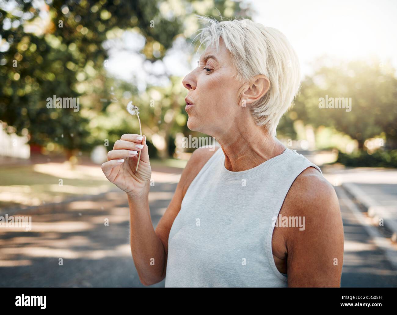 Senior woman blowing dandelion flower outdoors for freedom, hope and ...