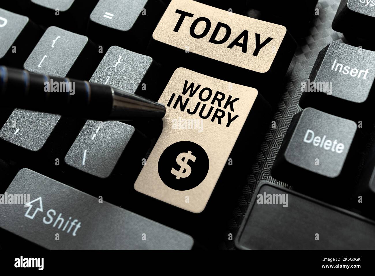 Hand writing sign Work Injury. Word Written on an accident occurred as ...