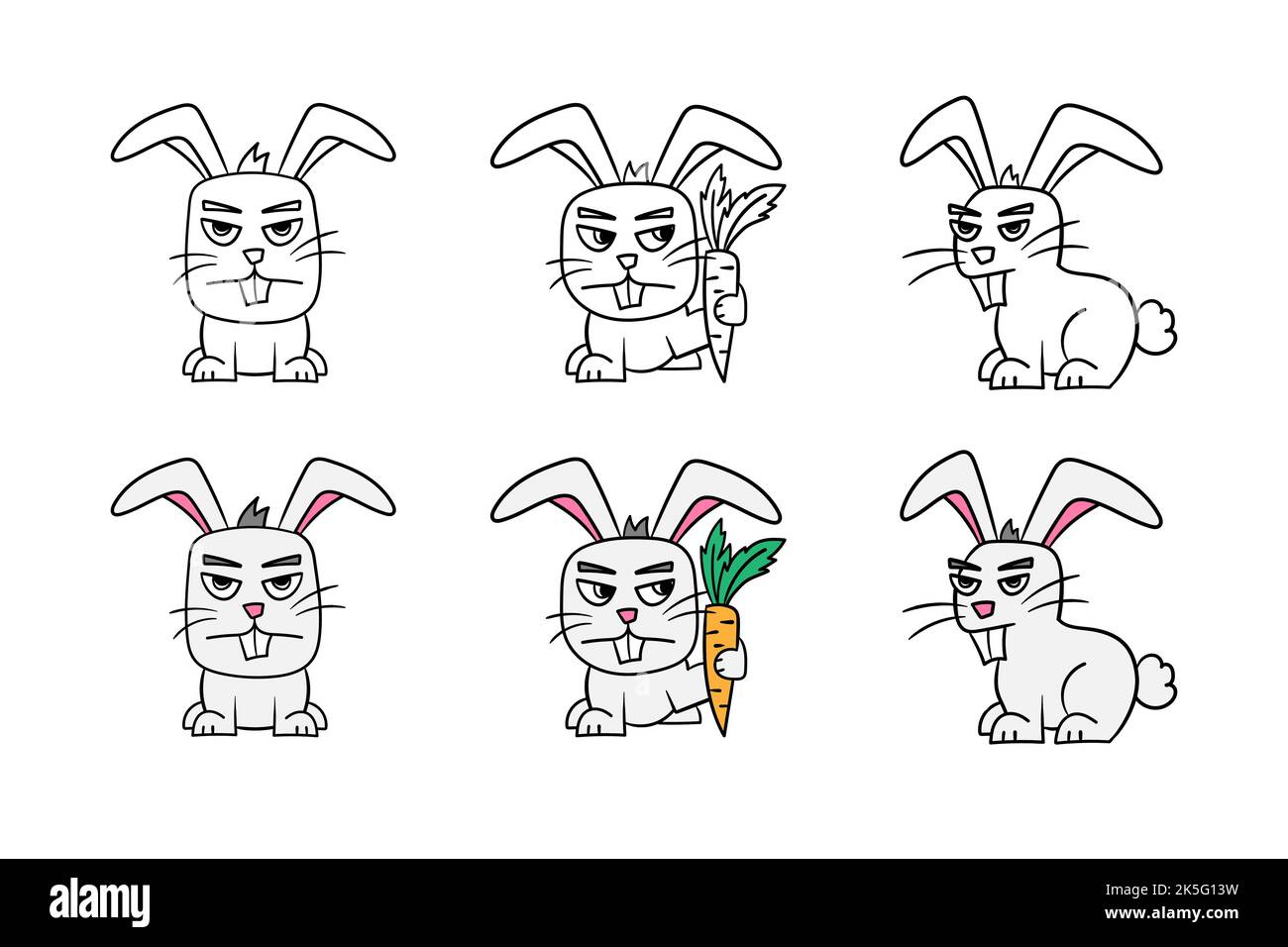 Funny angry rabbit. Set of black and white and colored rabbits on a ...