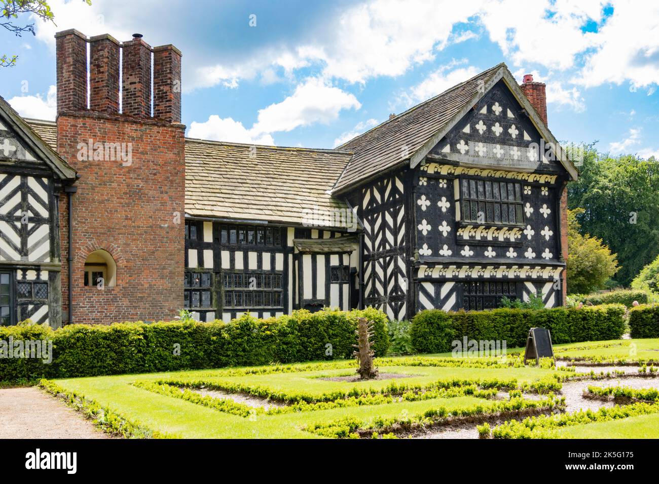 exterior of Tudor half timbered moated National Trust house Little ...