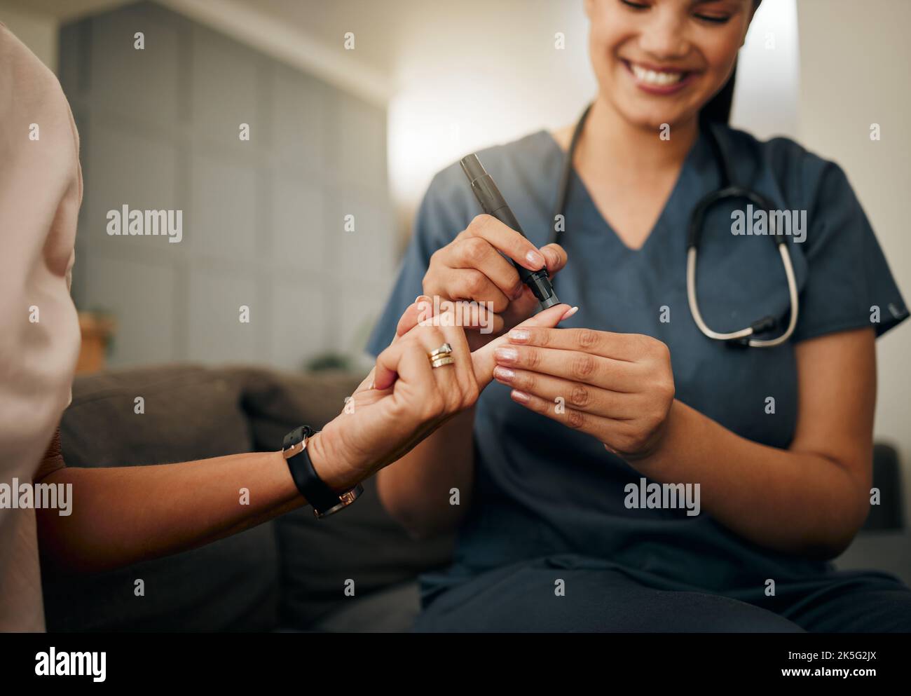Zoom of doctor, diabetes or elderly woman hands with blood test, sugar ...