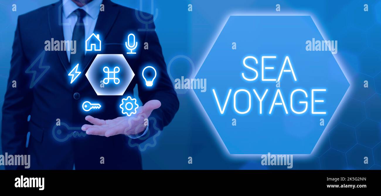 Text caption presenting Sea Voyage. Word Written on riding on boat ...