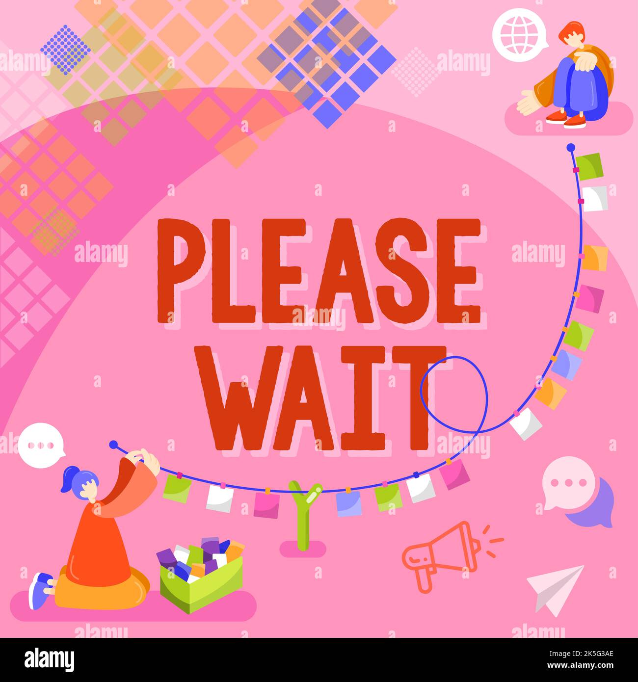 Sign displaying Please Wait. Word Written on to pause any implemented action immediately and ...