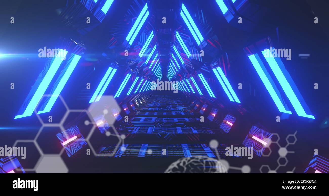 Image of stock market and medical data processing against glowing tunnel in seamless pattern ...