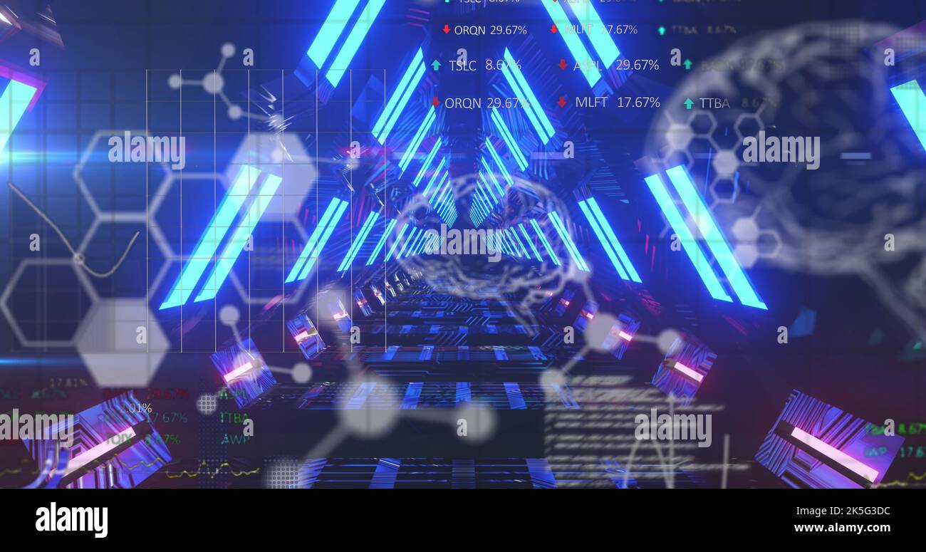 Image of stock market and medical data processing against glowing tunnel in seamless pattern ...