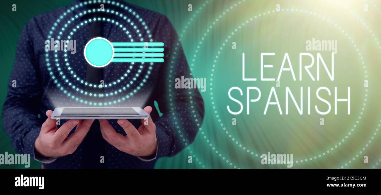 Text caption presenting Learn Spanish. Word Written on to train writing ...