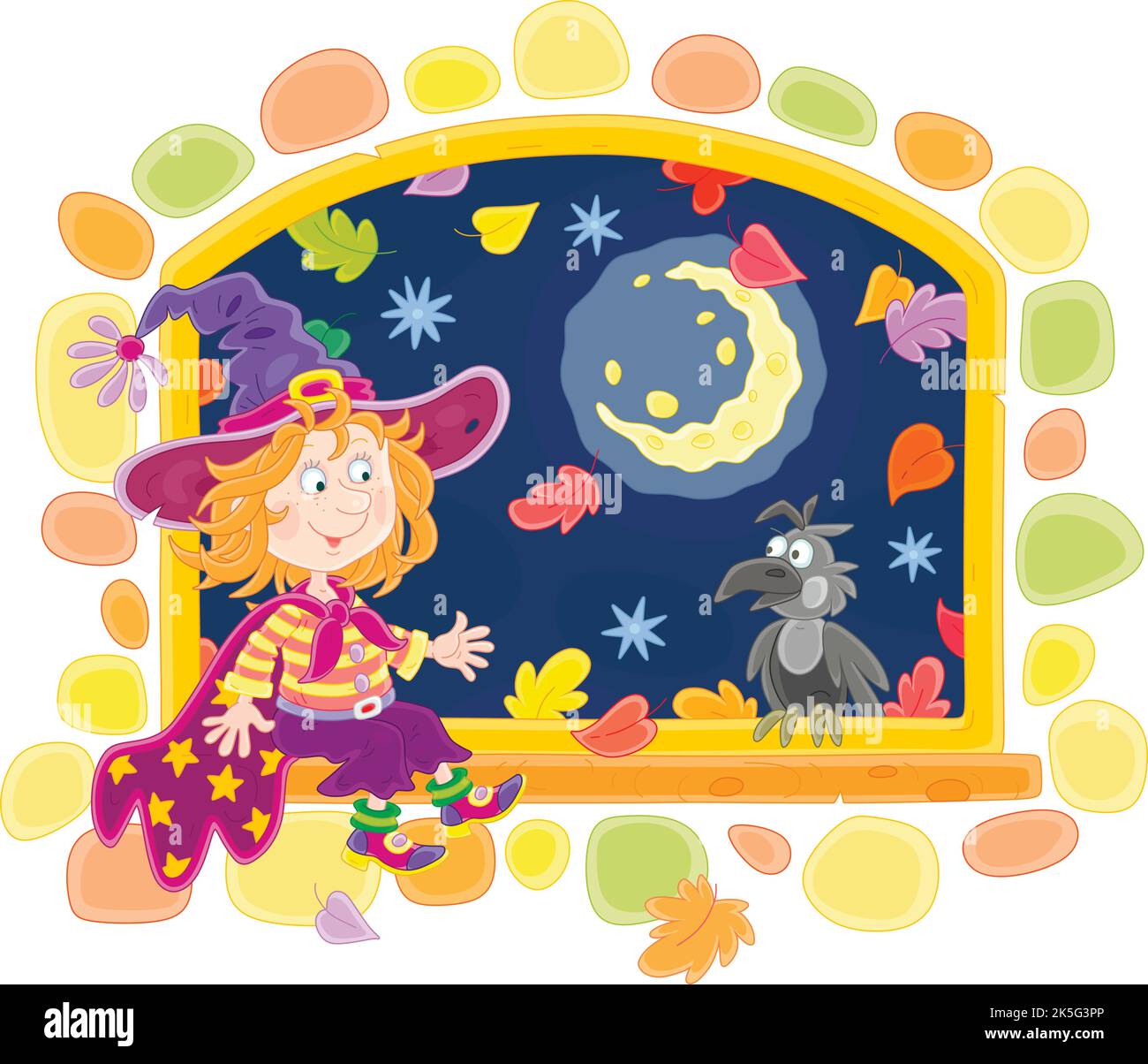 Happy little witch sitting on a windowsill of an open window and ...