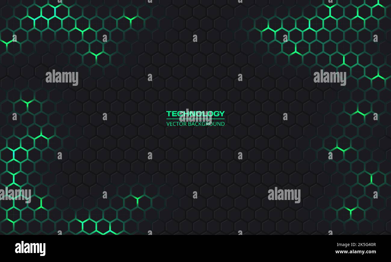 Dark technology hexagonal vector abstract background. Green bright energy flashes under hexagon ...