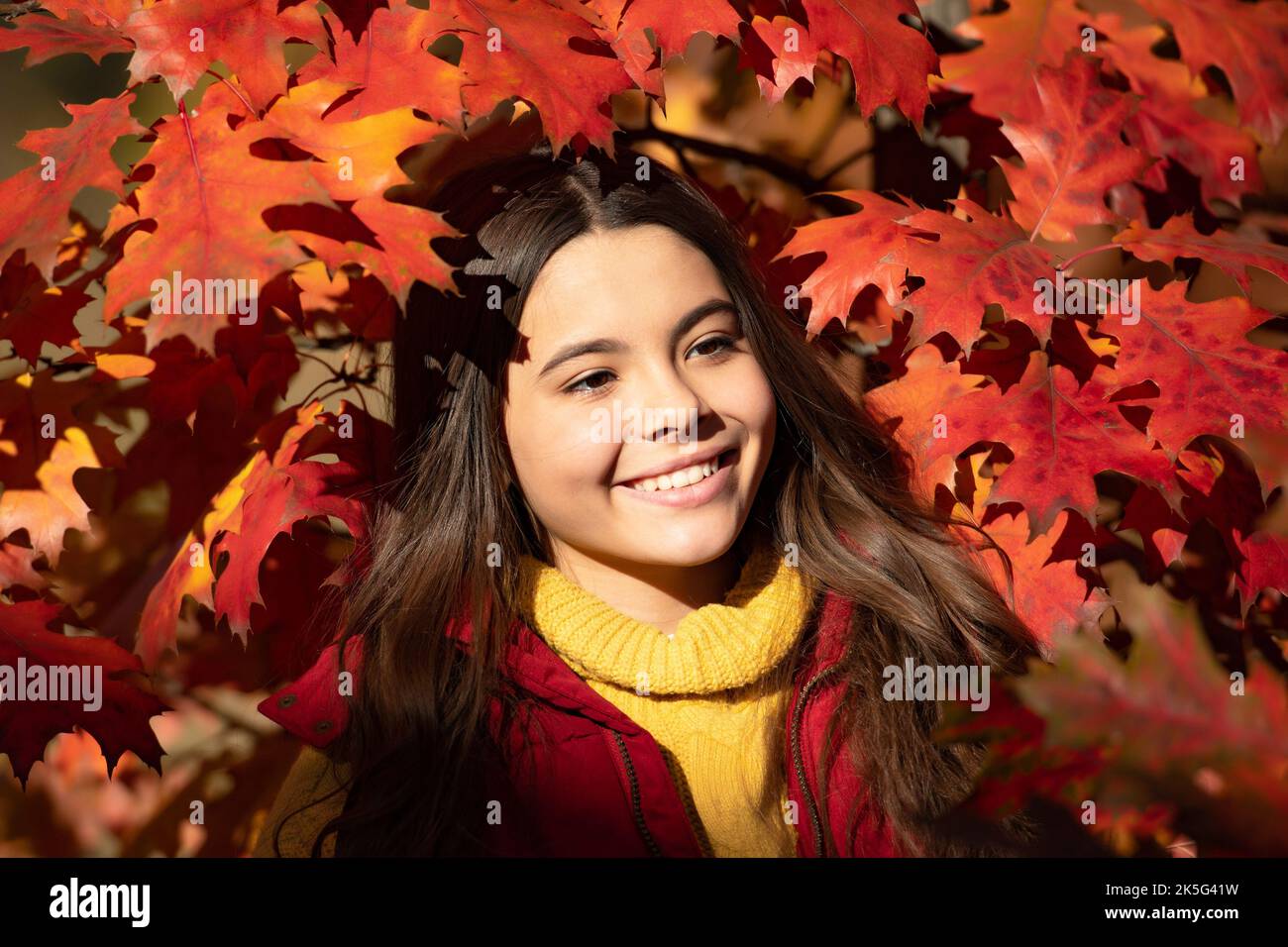 Autumn kid girl face in autumn fall leaves outdoor. happy kid standing ...