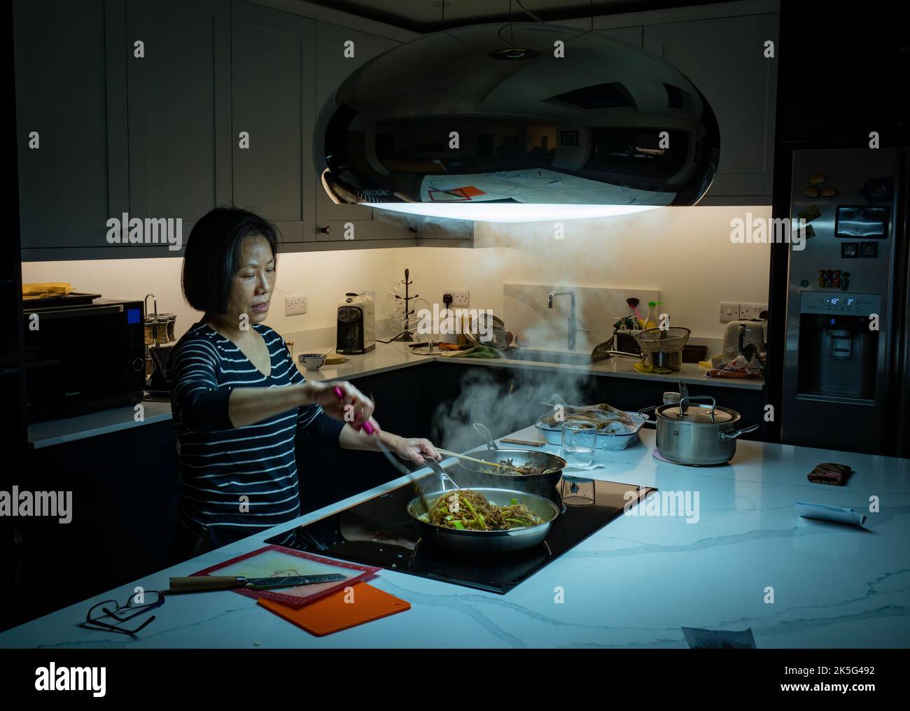 An Asian woman from Vietnam cooks a stir fry meal in her modern kitchen ...