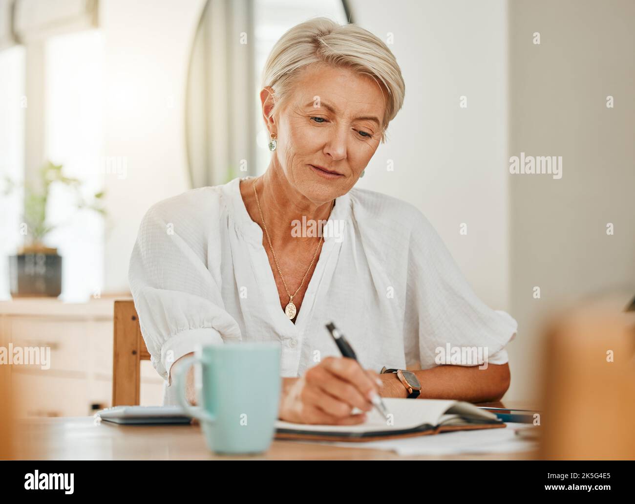 Writing, thinking and senior woman at a house making notes on notebook ...