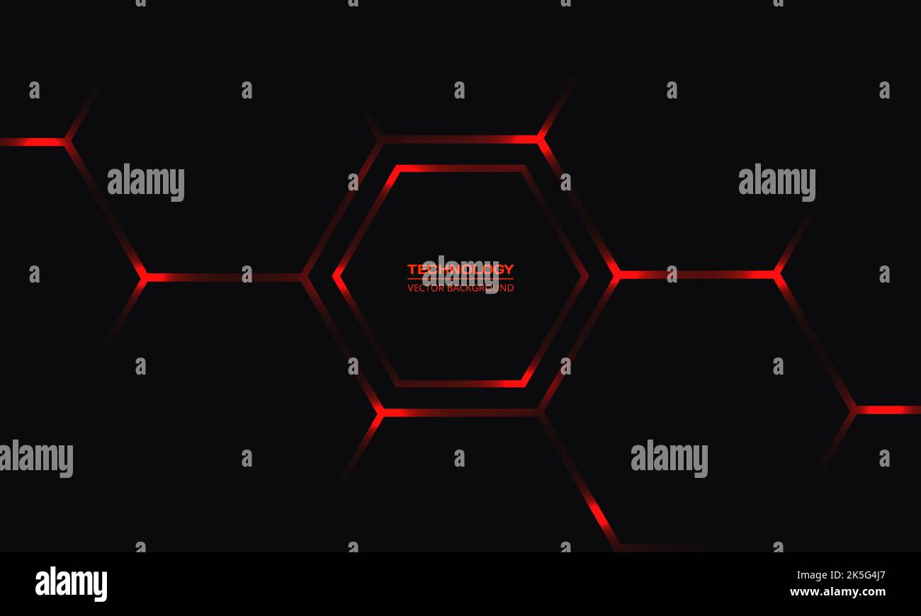 Black hexagonal technology vector background. Red bright energy flashes ...