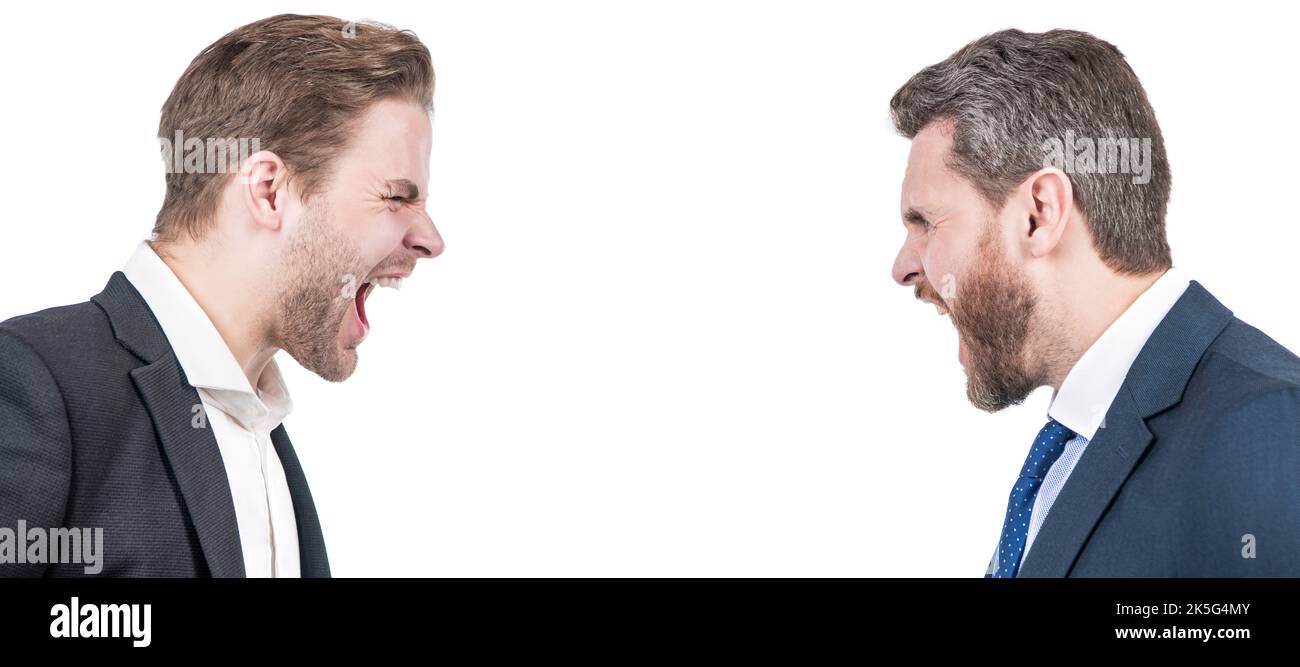 Man face portrait, banner with copy space. two businessmen shouting in ...