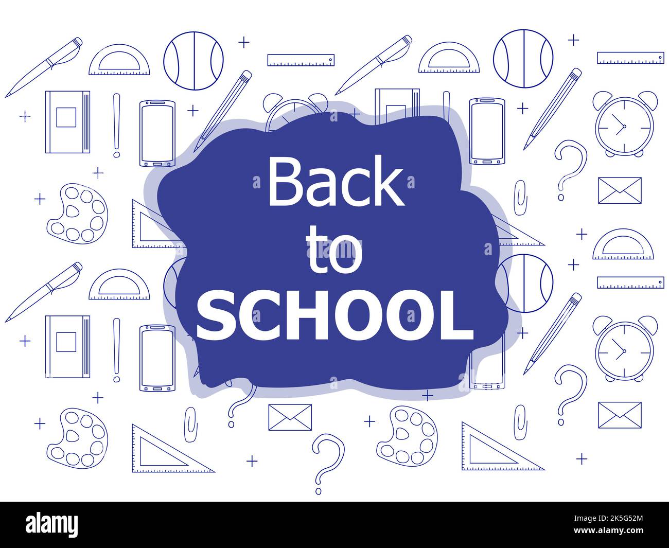 White background with school supplies in blue on the theme of "back to ...
