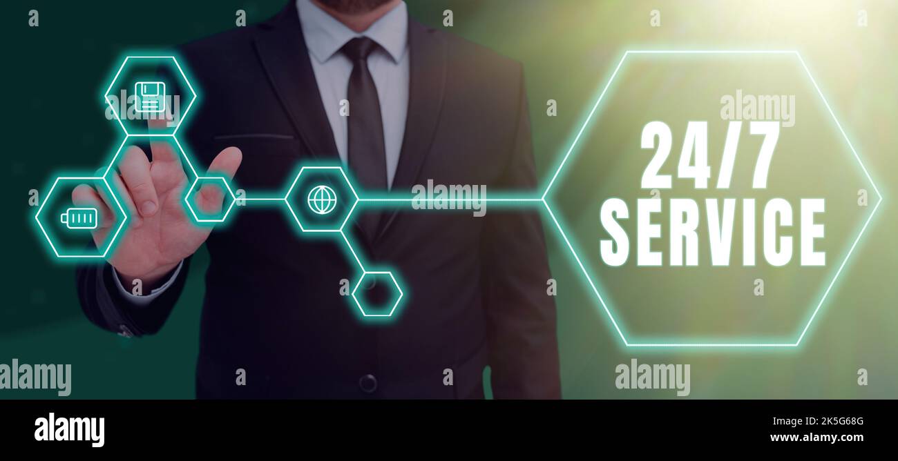 Sign displaying 24 Or7 Service. Concept meaning providing an assistance ...