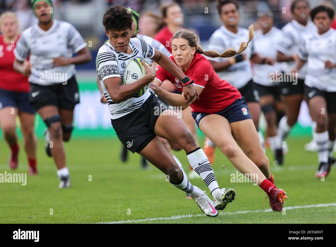 Holly Aitchison of England tackling Fiji player during the Women's ...