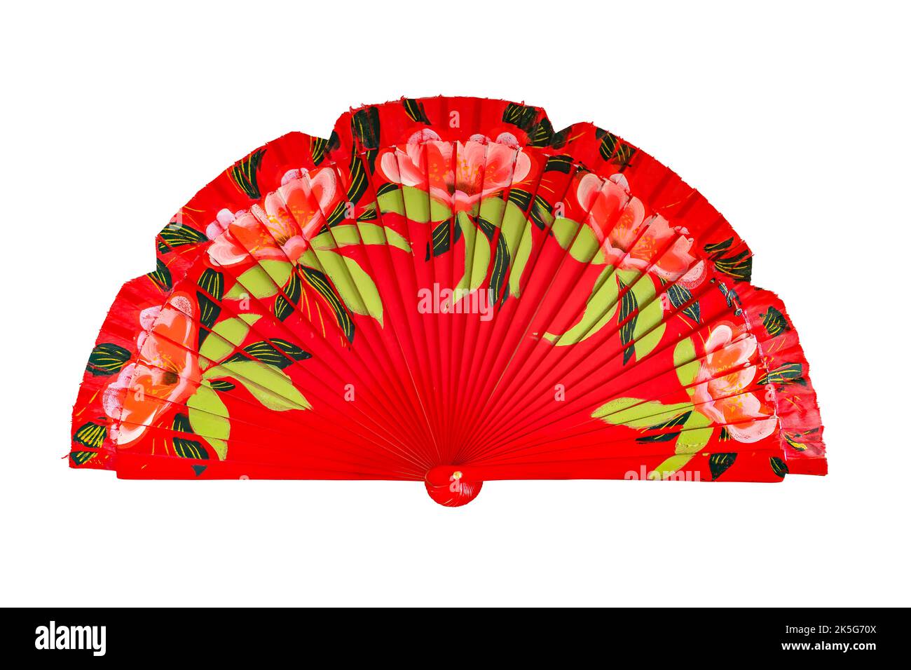 Spanish red open hand fan, decorated with floral motifs, isolated on ...