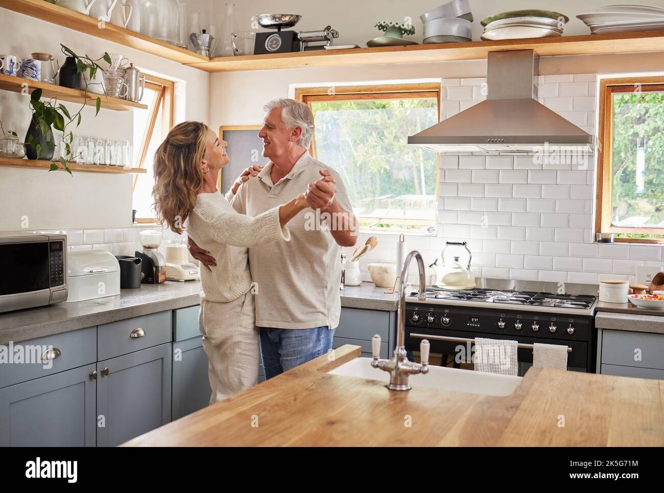 Dance Couple And Kitchen With A Senior Man And Woman Dancing Together