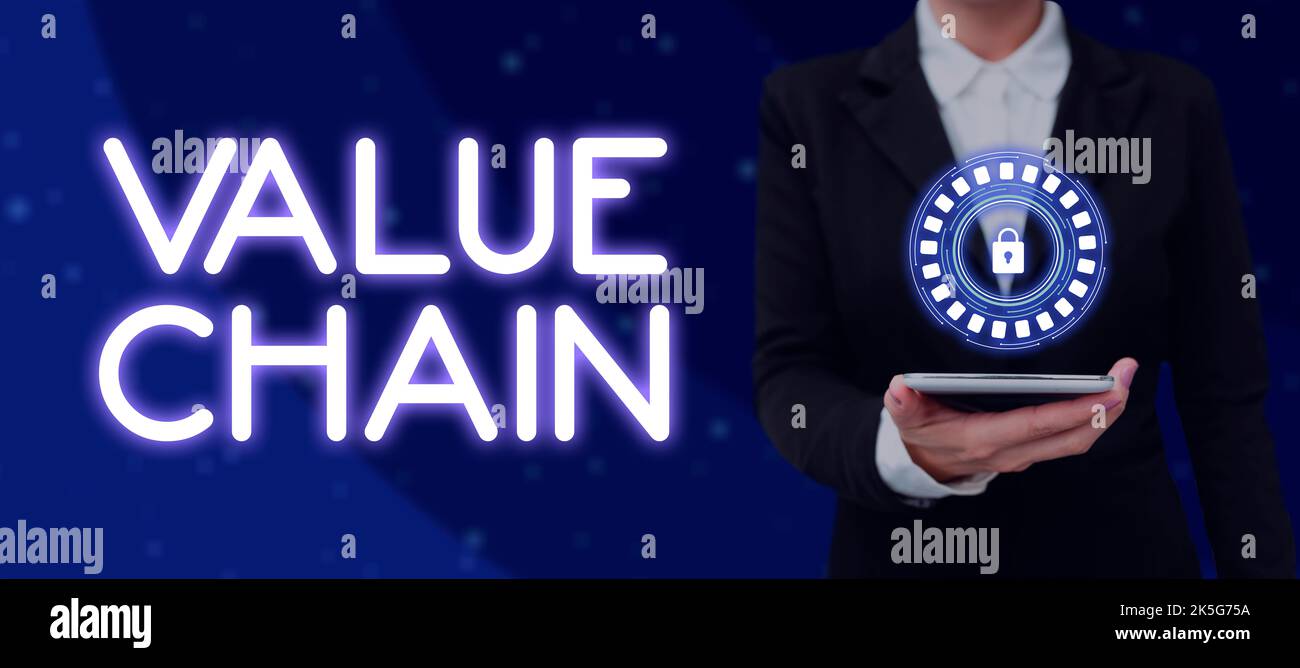 Hand writing sign Value Chain. Internet Concept set of functional activities making the product ...