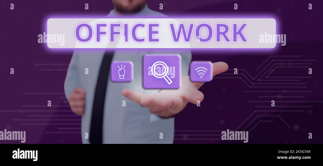 Hand writing sign Office Work. Word for a work that primarily happens ...